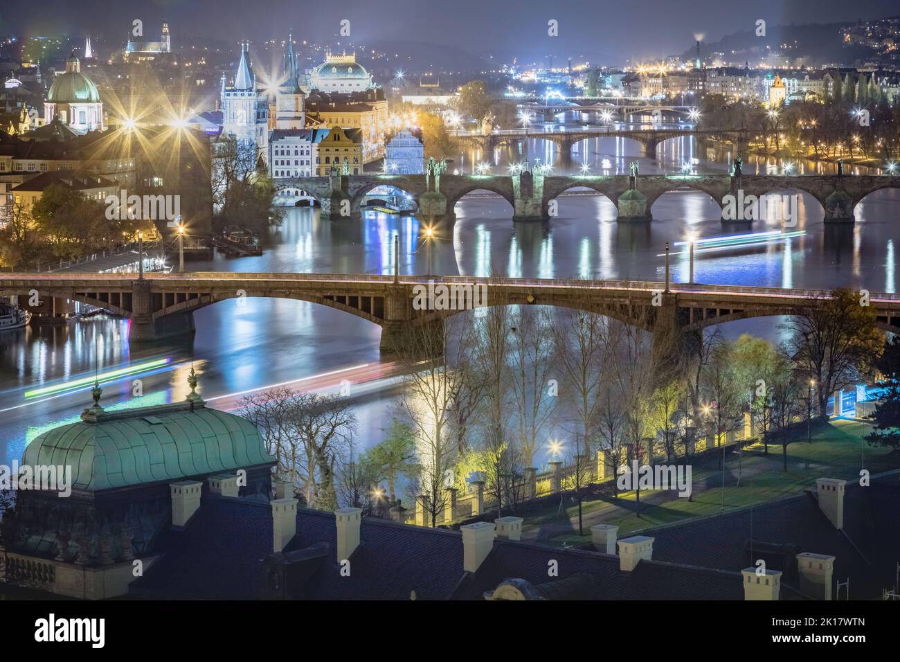 Above Prague old town bridges and river Vltava at night, Czech Republic ...