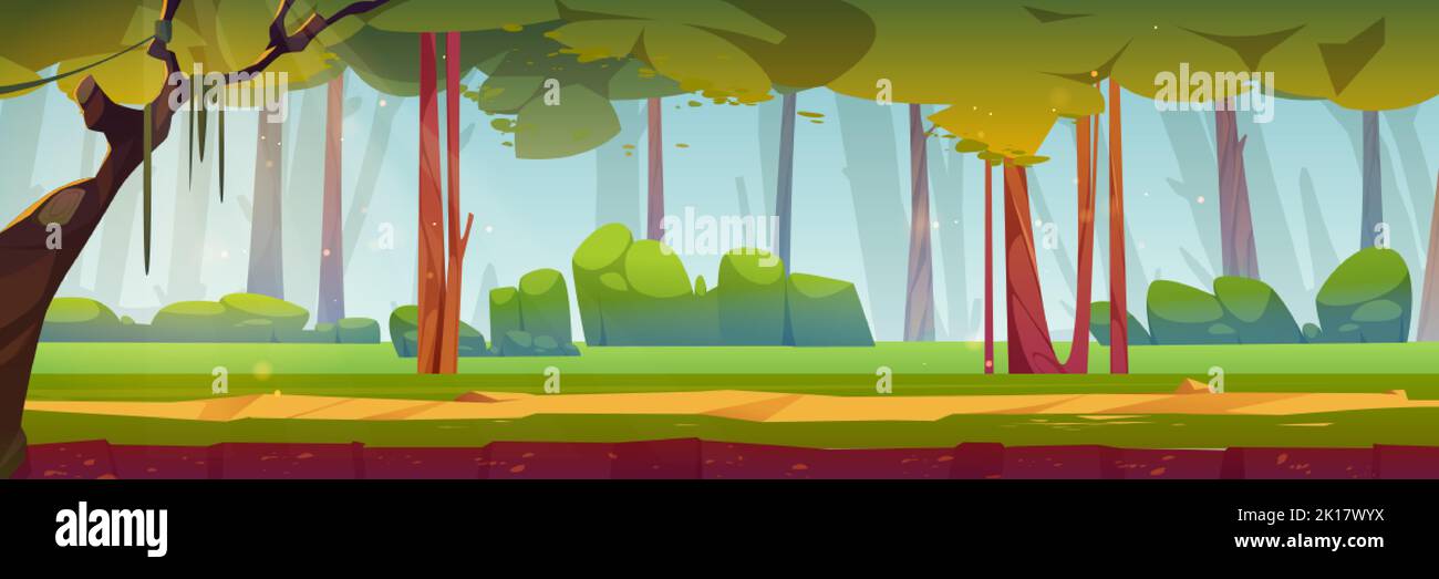 Sunny morning in green forest, cartoon landscape. Vector illustration ...