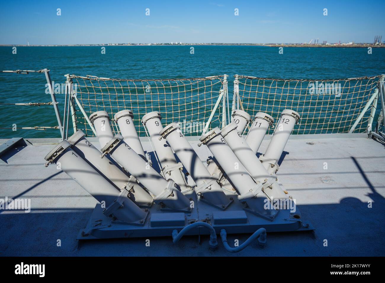 Chaff launcher is seen on the deck of a military ship sailing on the ...