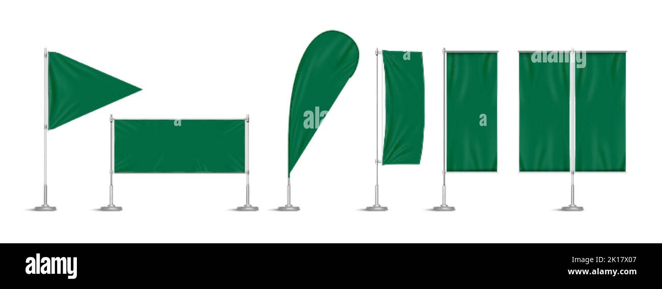 Green vinyl flags and set banners on metallic pole. Vector realistic ...