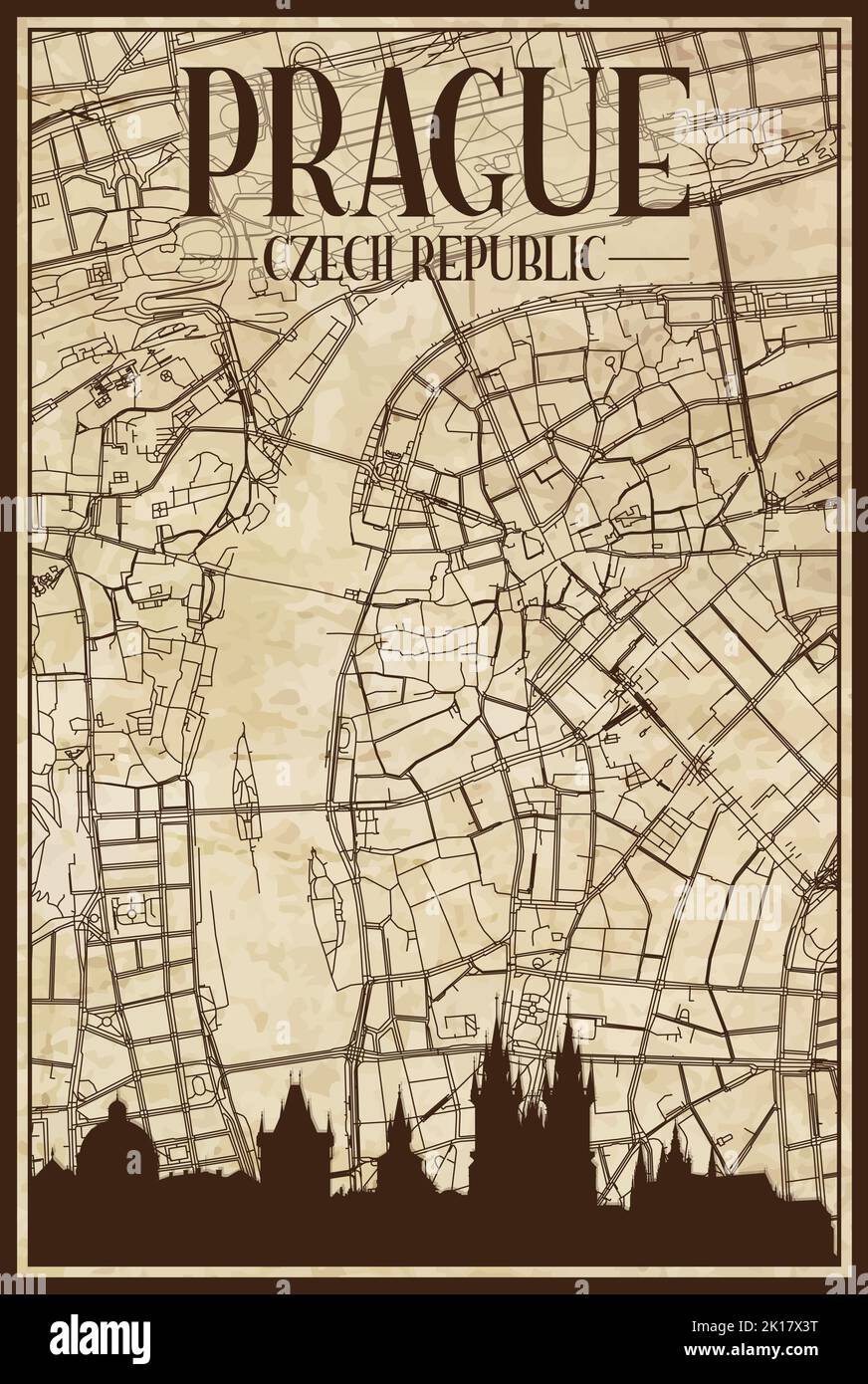 Framed downtown streets network printout map of PRAGUE, CZECHIA Stock ...