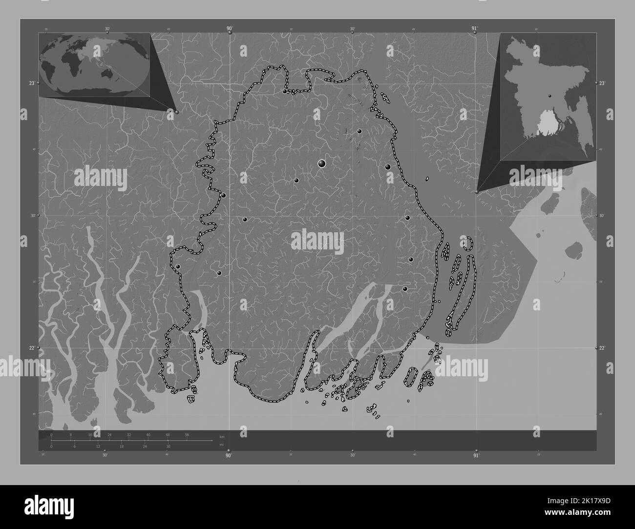 Barisal, division of Bangladesh. Bilevel elevation map with lakes and ...