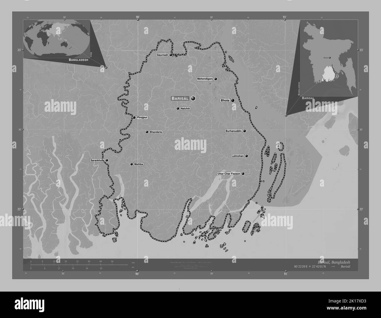 Barisal, division of Bangladesh. Grayscale elevation map with lakes and ...