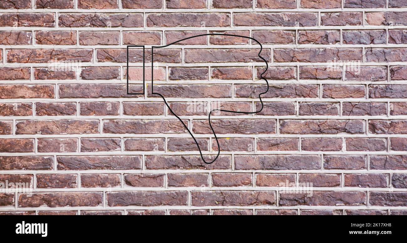 Image of glowing neon thumb down icon on brick wall. social media and ...