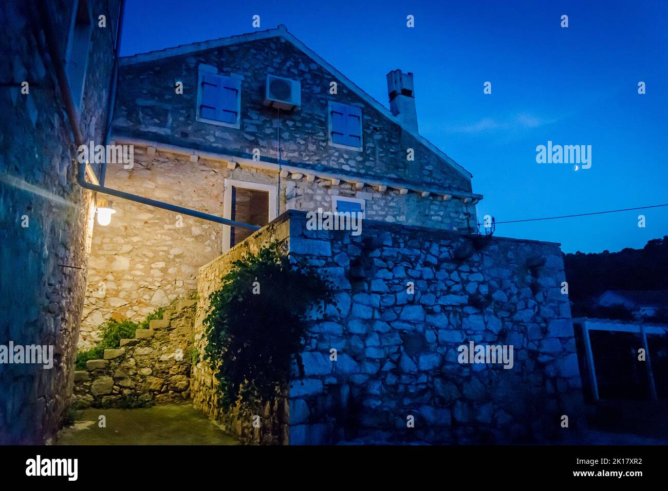Stone house at night, Veli Iz, Island of Iz, Zadar archipelago ...