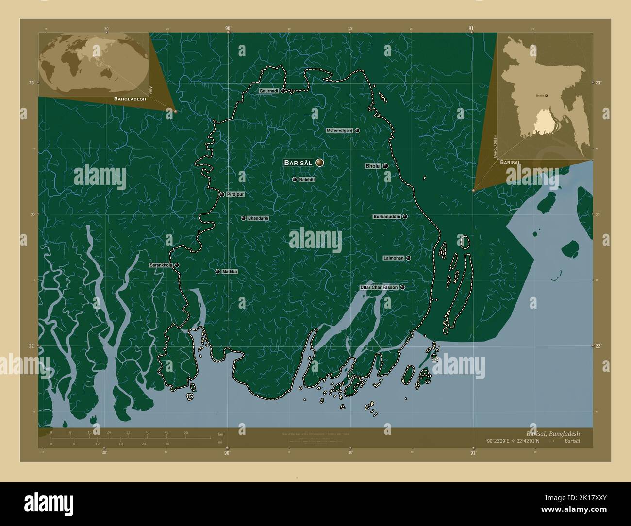 Barisal, division of Bangladesh. Colored elevation map with lakes and ...