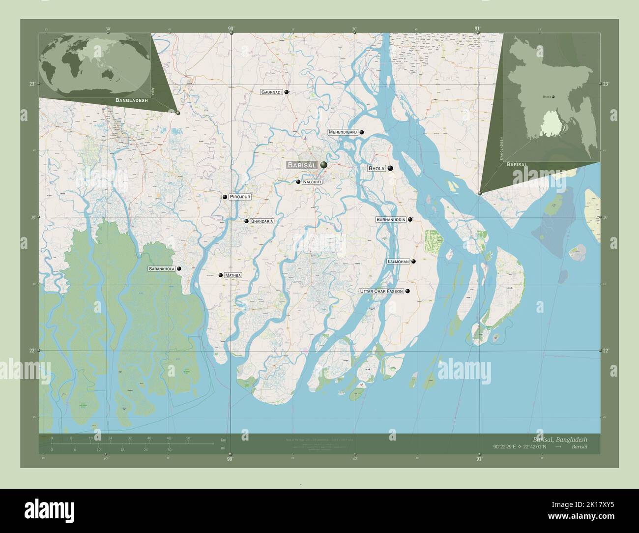 Barisal, division of Bangladesh. Open Street Map. Locations and names ...