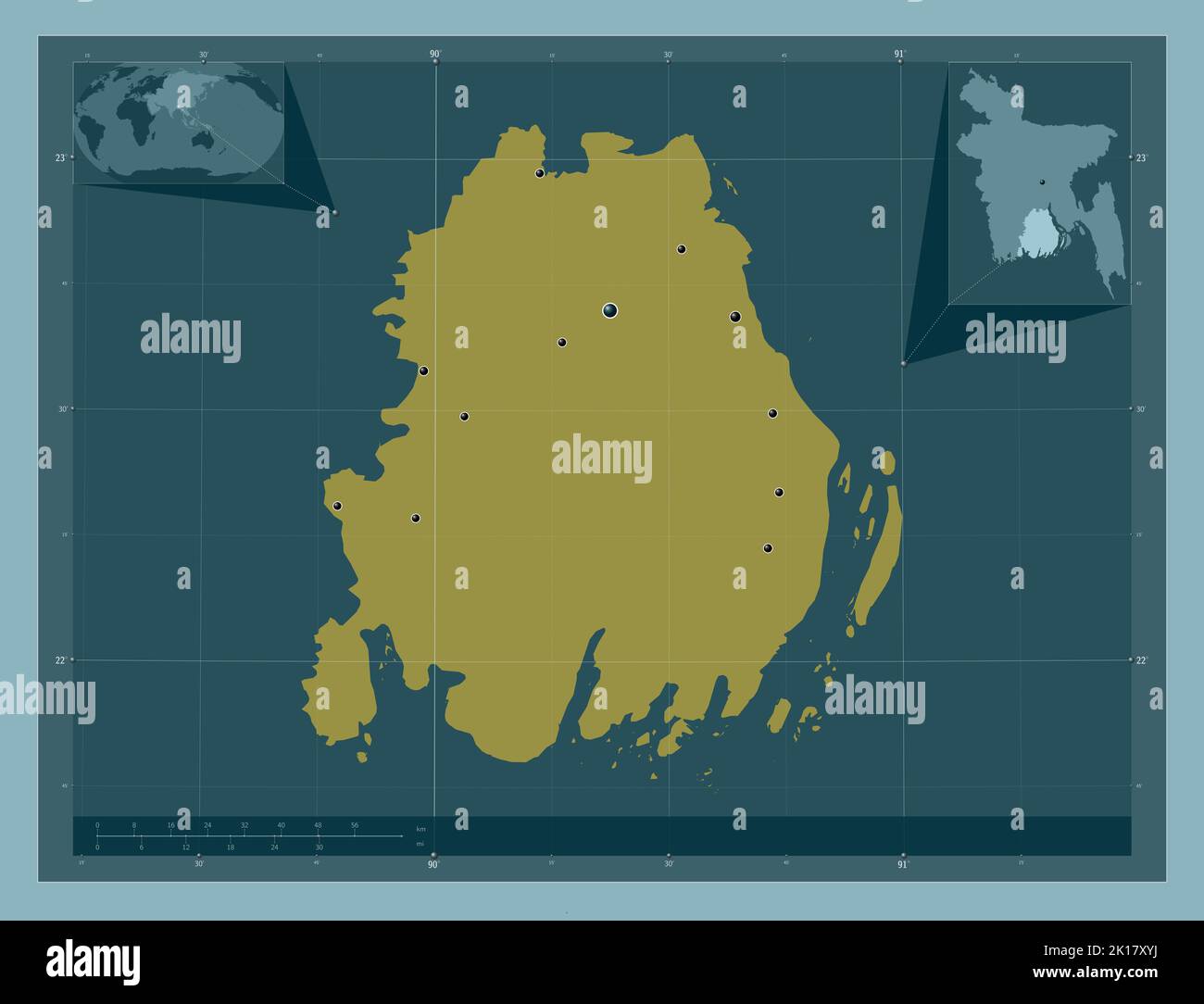 Barisal, division of Bangladesh. Solid color shape. Locations of major ...