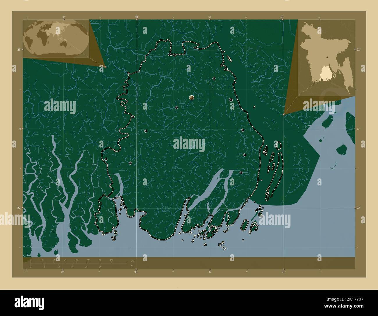 Barisal, division of Bangladesh. Colored elevation map with lakes and ...
