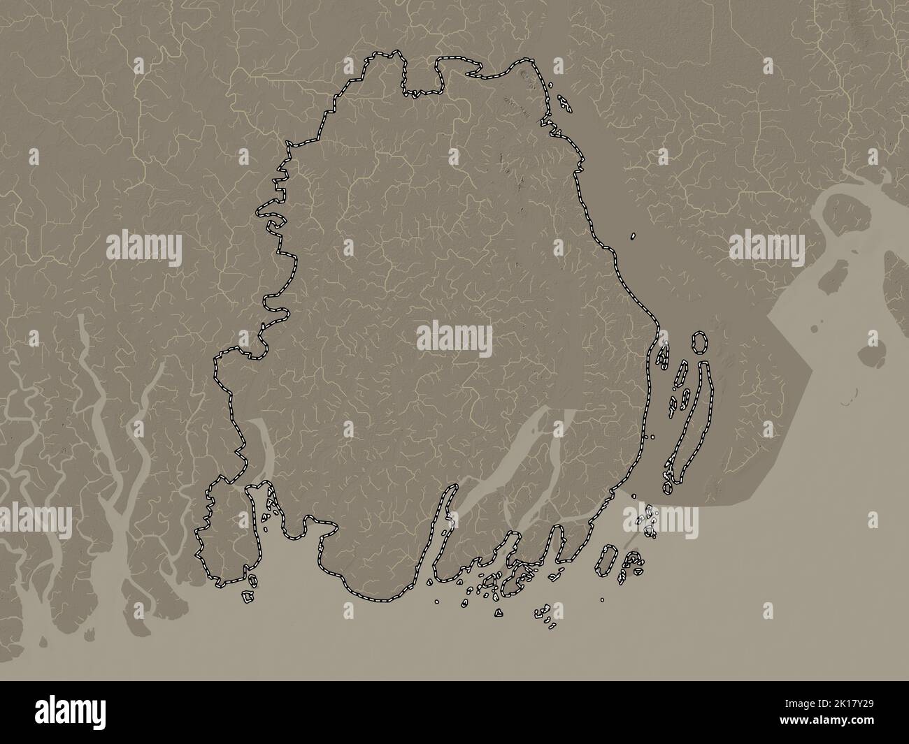 Barisal, division of Bangladesh. Elevation map colored in sepia tones ...