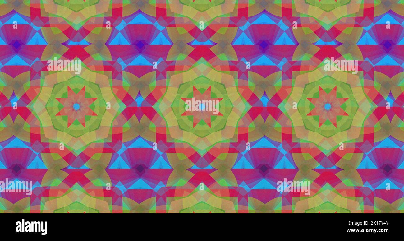 Image of rows of glowing multiple kaleidoscope abstract shapes moving in hypnotic motion in ...