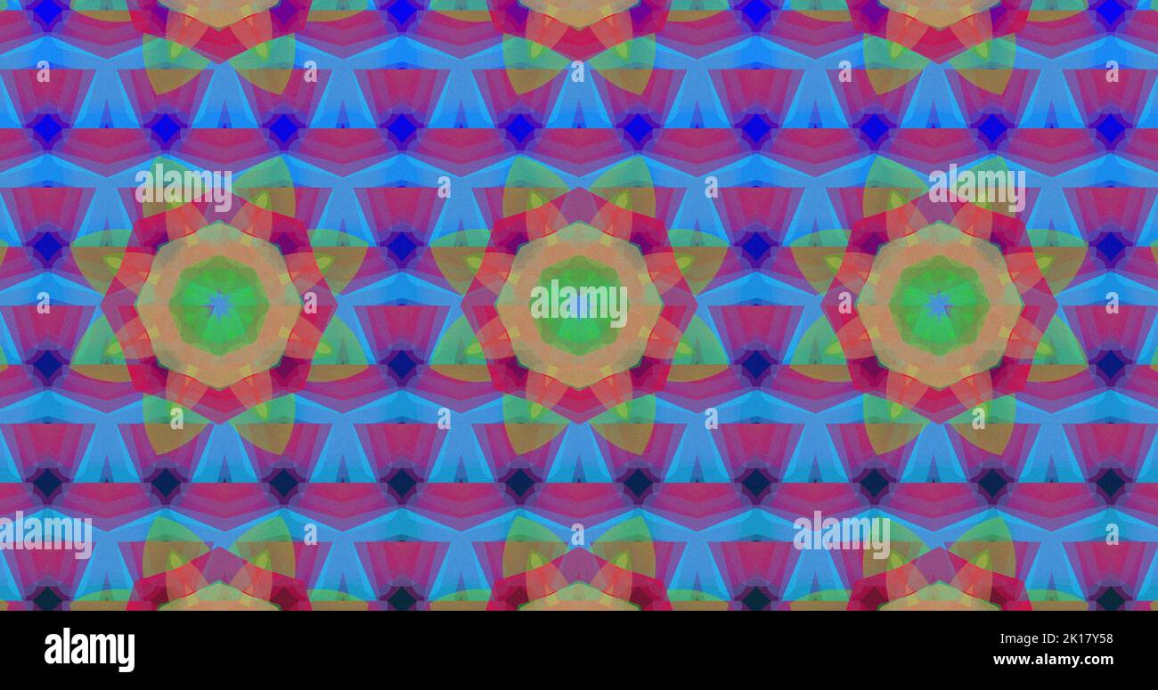 Image of rows of glowing multiple kaleidoscope abstract shapes moving in hypnotic motion in ...