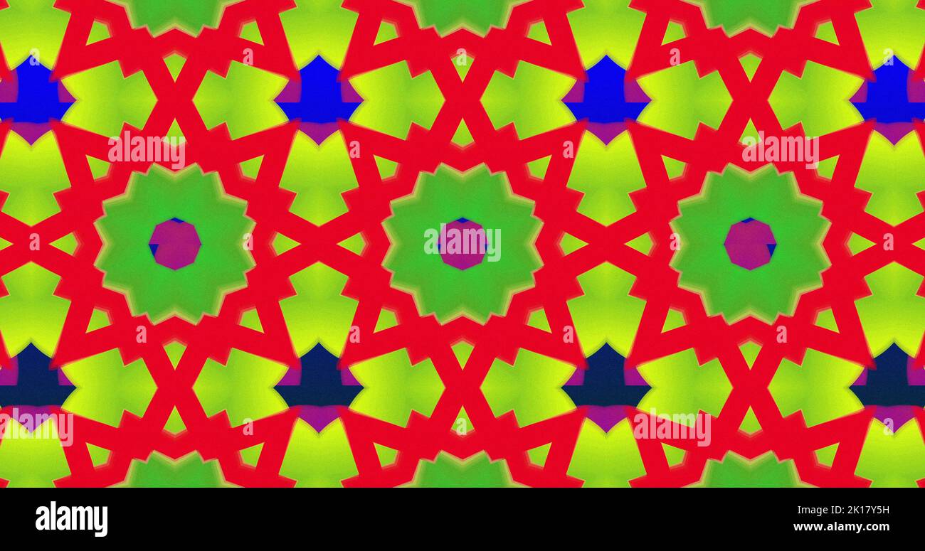 Image of rows of glowing multiple kaleidoscope abstract shapes moving in hypnotic motion in ...
