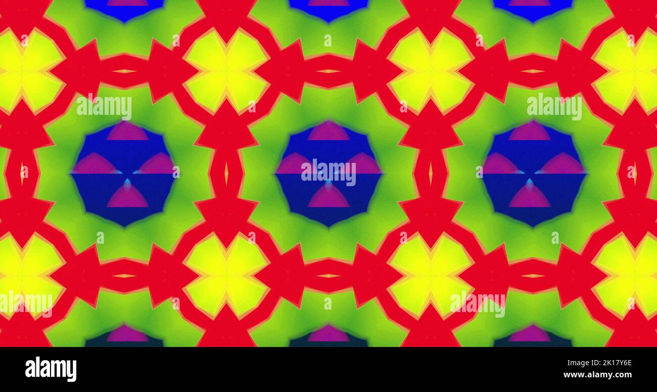 Image of rows of glowing multiple kaleidoscope abstract shapes moving in hypnotic motion in ...