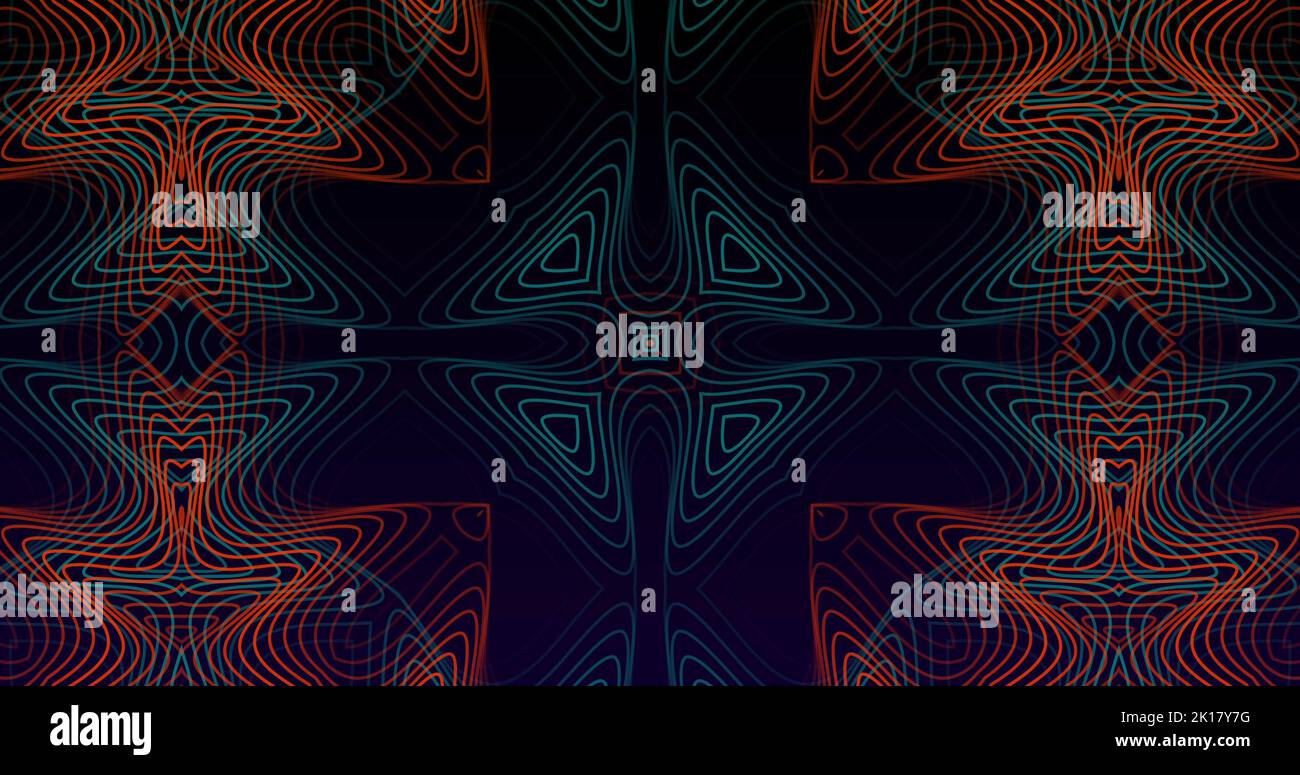 Image of rows of glowing multiple kaleidoscope abstract outlined shapes moving in hypnotic ...