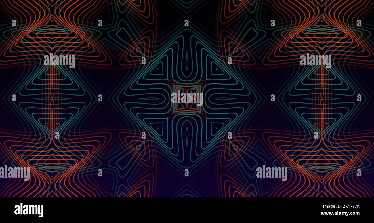 Image of rows of glowing multiple kaleidoscope abstract outlined shapes moving in hypnotic ...