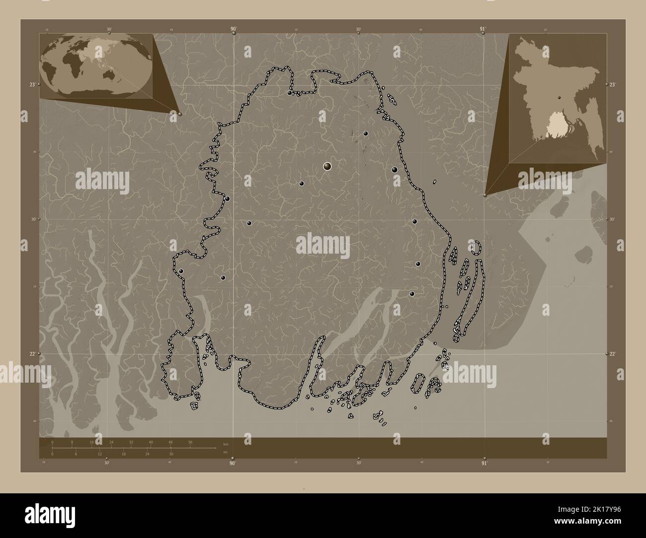 Barisal, division of Bangladesh. Elevation map colored in sepia tones ...