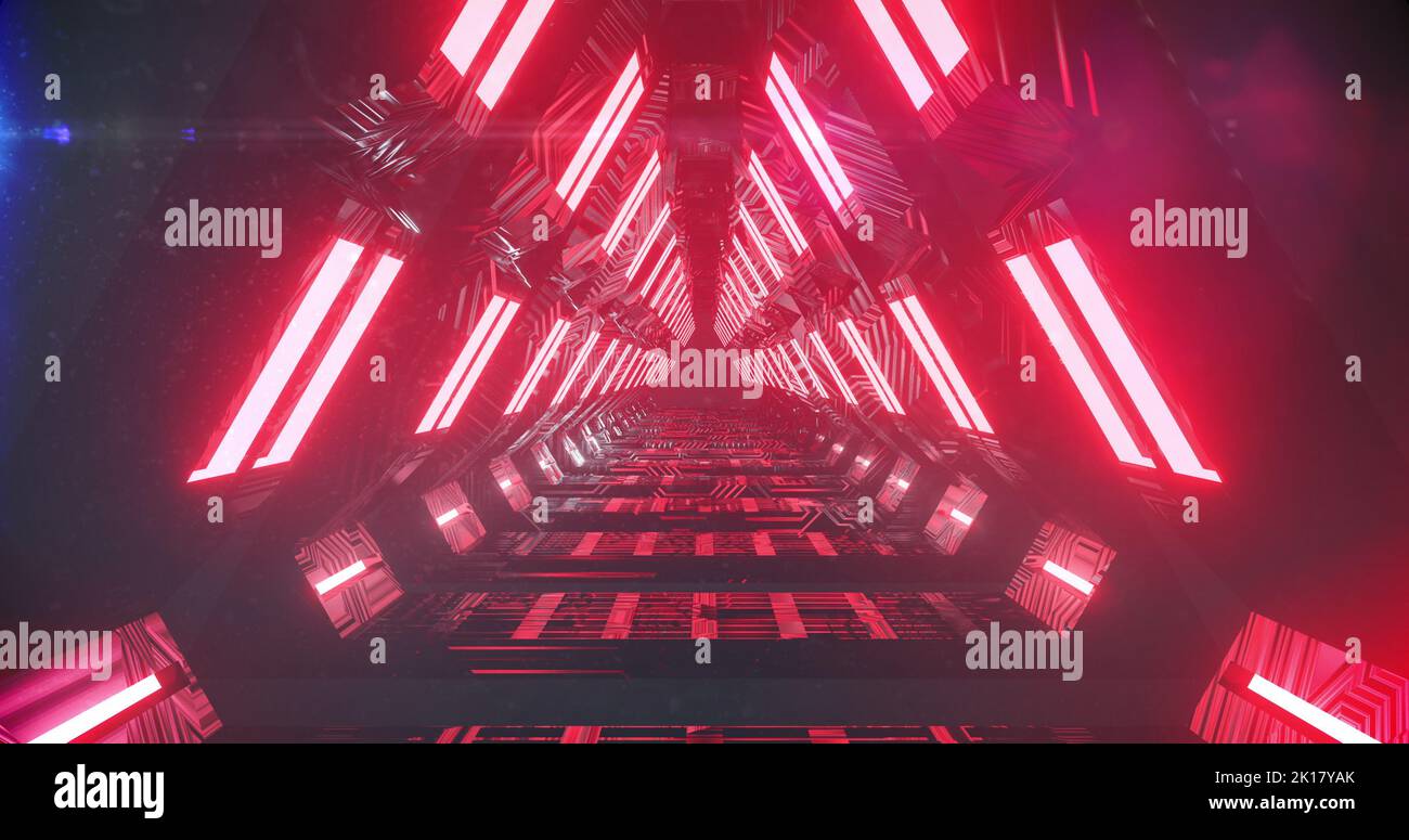 Image of red glowing triangles forming tunnel with light trails moving ...