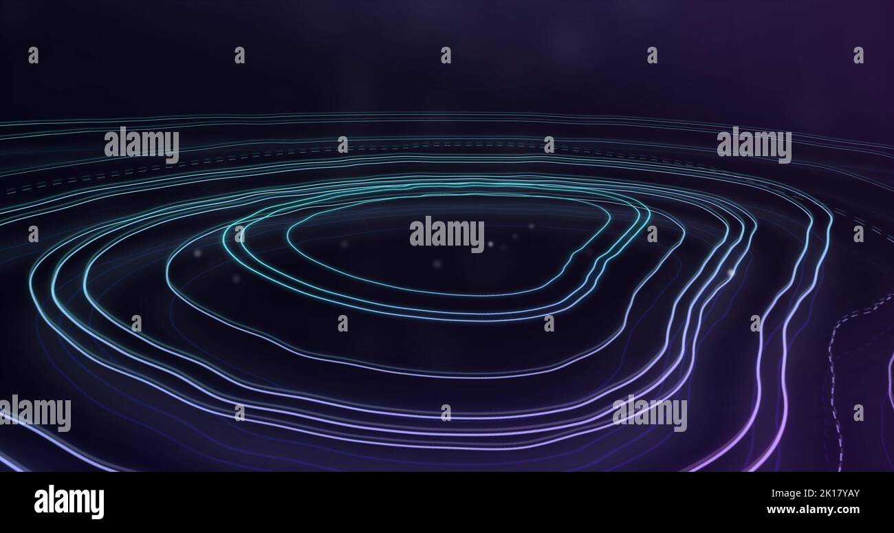 Image of multiple green to purple gradient glowing lines over spots of ...