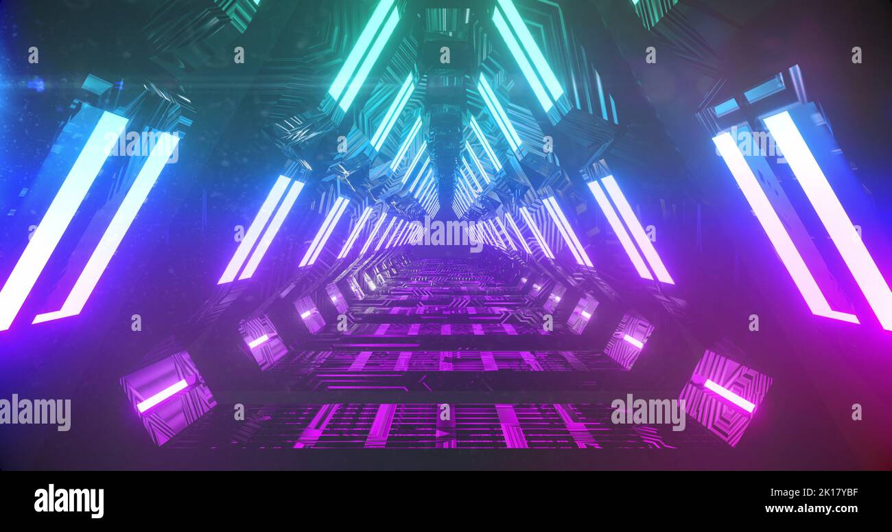 Image of glowing triangles forming tunnel with light trails moving in ...