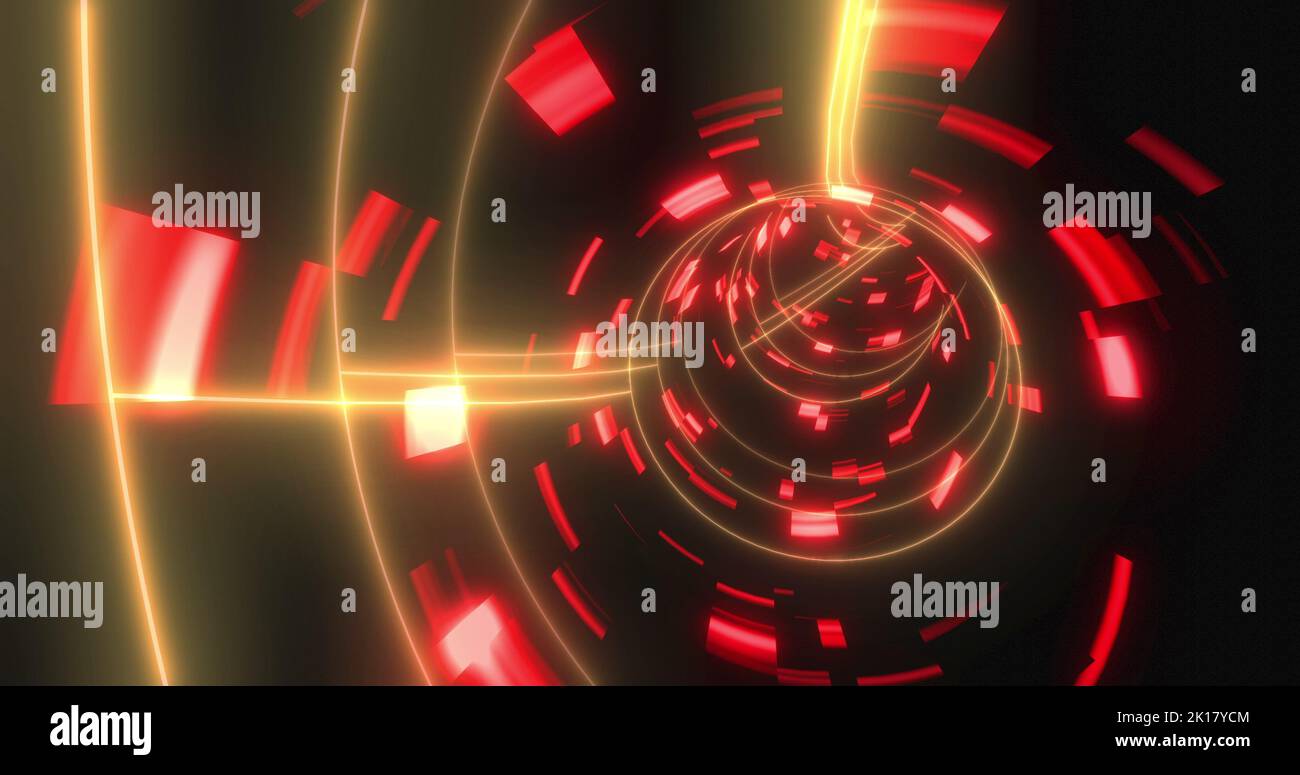 Image of glowing tunnel of multiple red and yellow glowing light trails ...