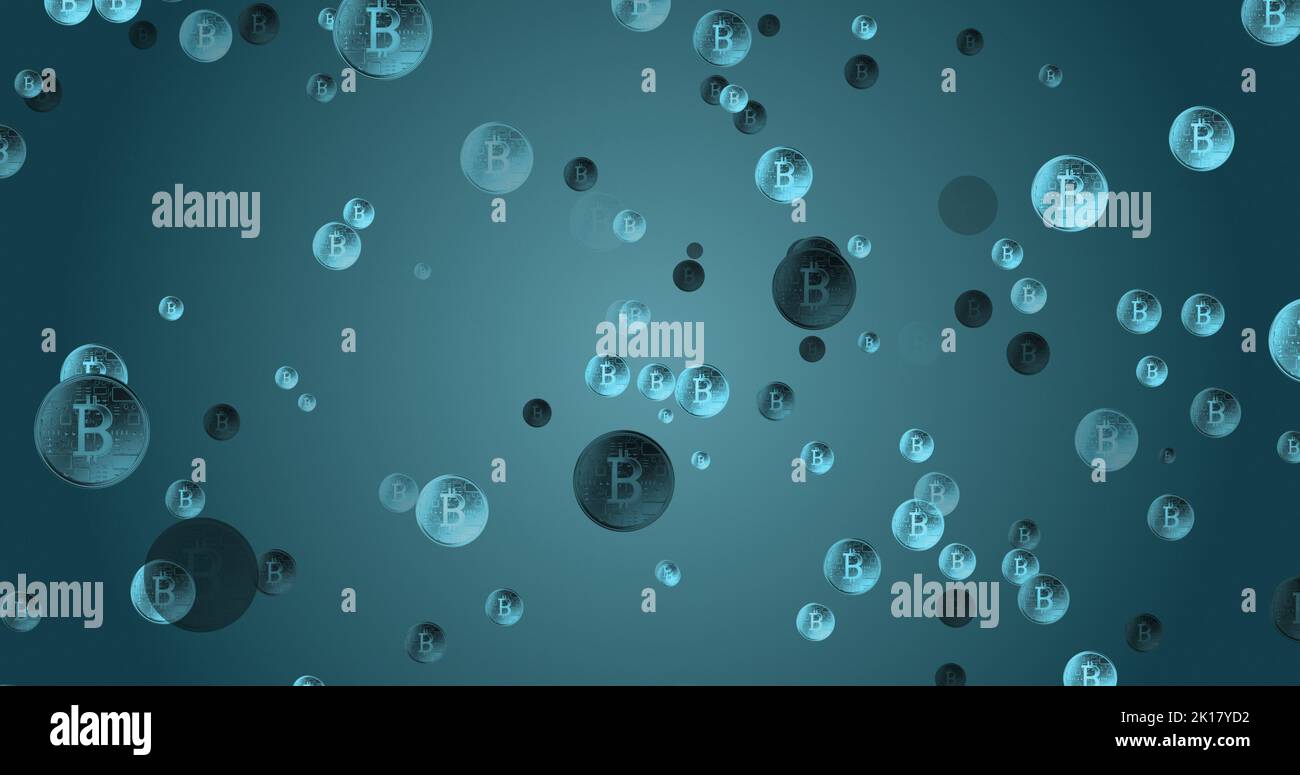 Image of multiple glowing blue Bitcoin symbols over blue gradient ...