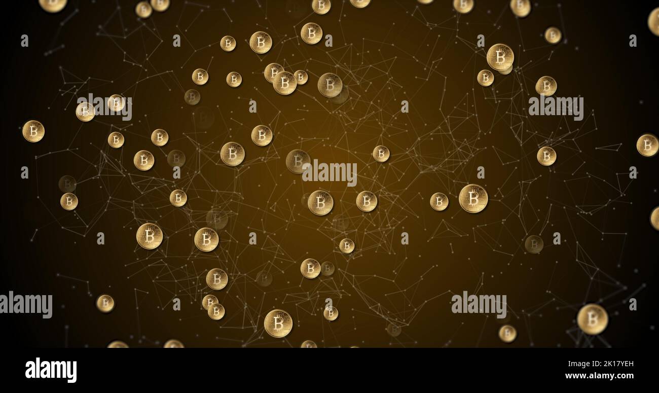 Image of multiple glowing gold Bitcoin symbols falling over networks of ...