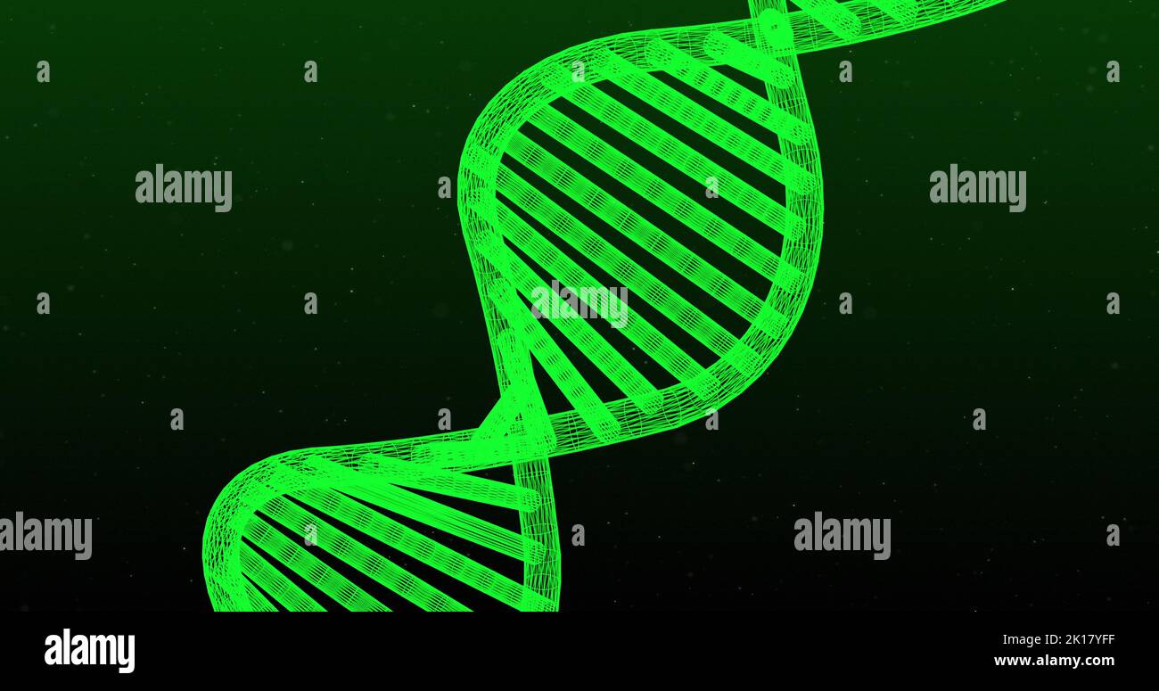 Image of green glowing 3D double helix DNA strand spinning on green ...