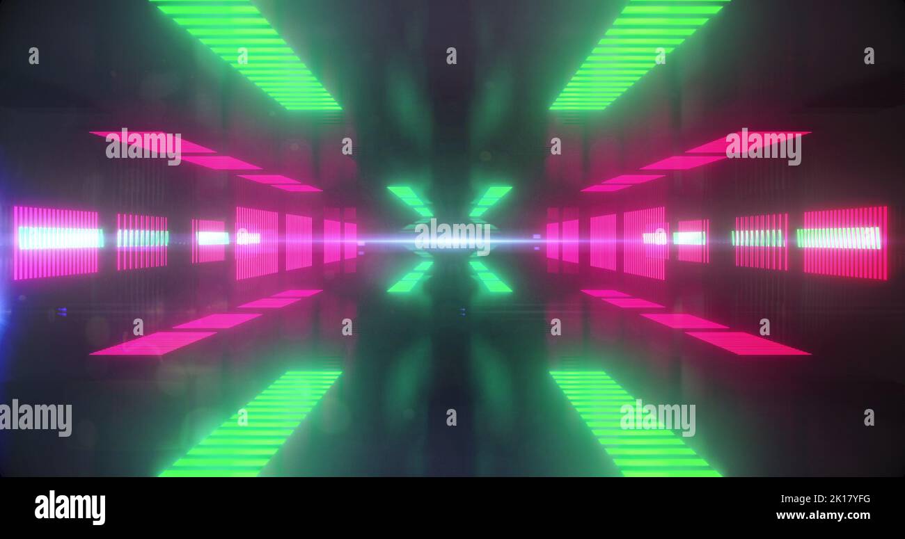 Image of multiple green and pink glowing stripes forming tunnel moving ...