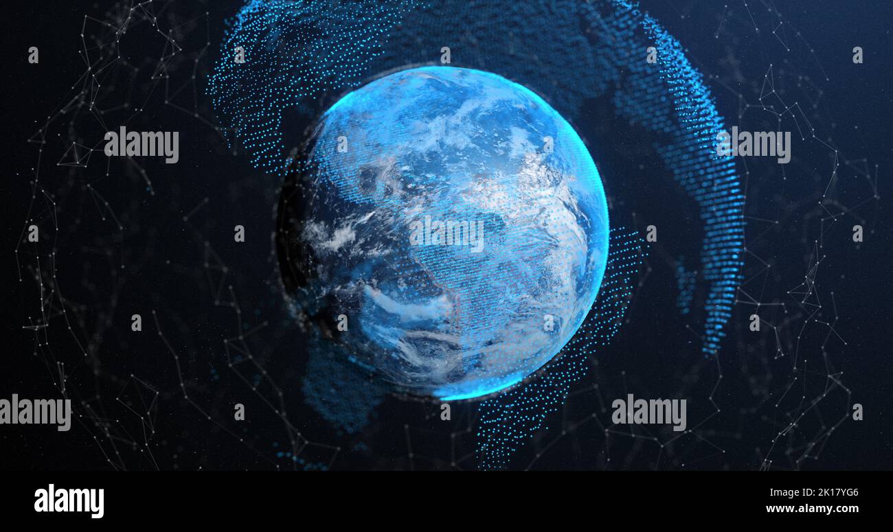 Image of blue glowing planet Earth with digital network of connections ...