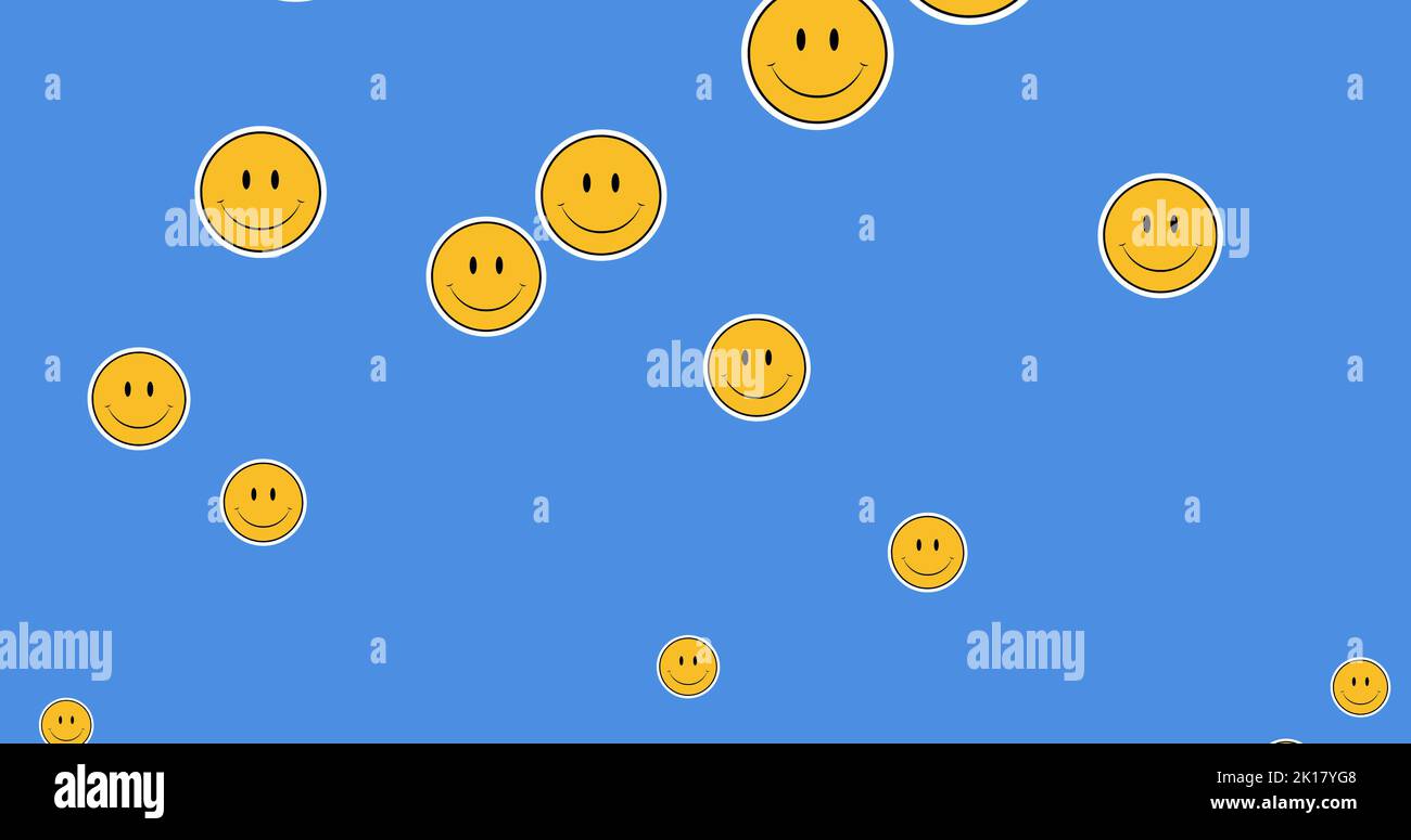 Image of multiple digital smiley emoji faces floating on blue ...
