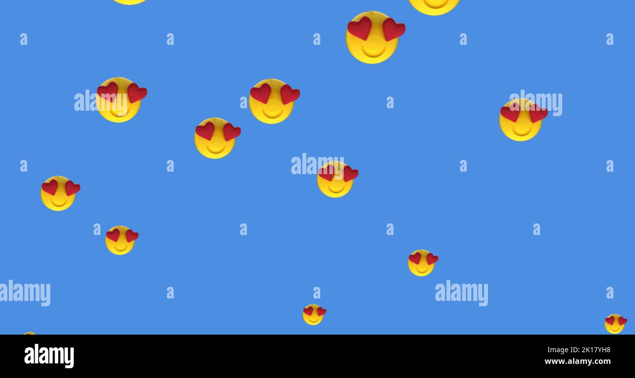 Image of multiple emojis with red hearts love icons floating on blue ...
