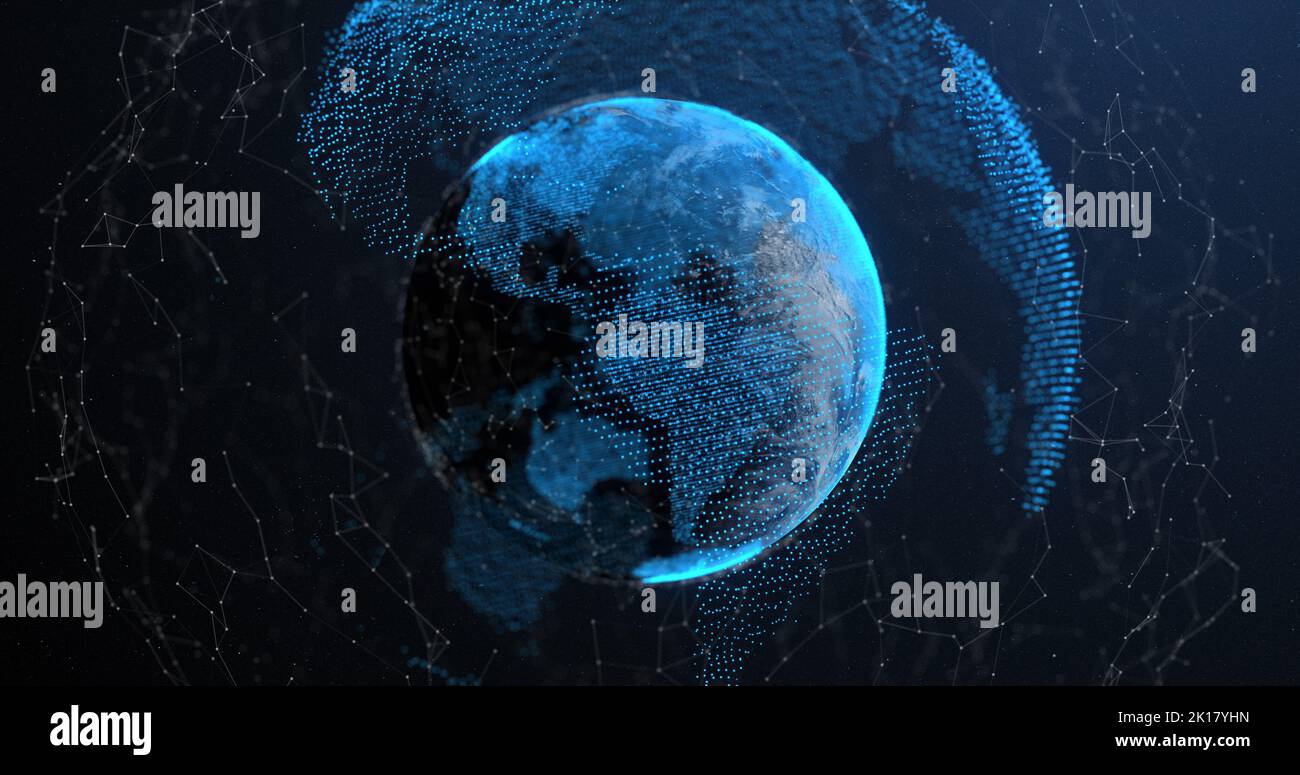 Image of blue glowing planet Earth with digital network of connections ...