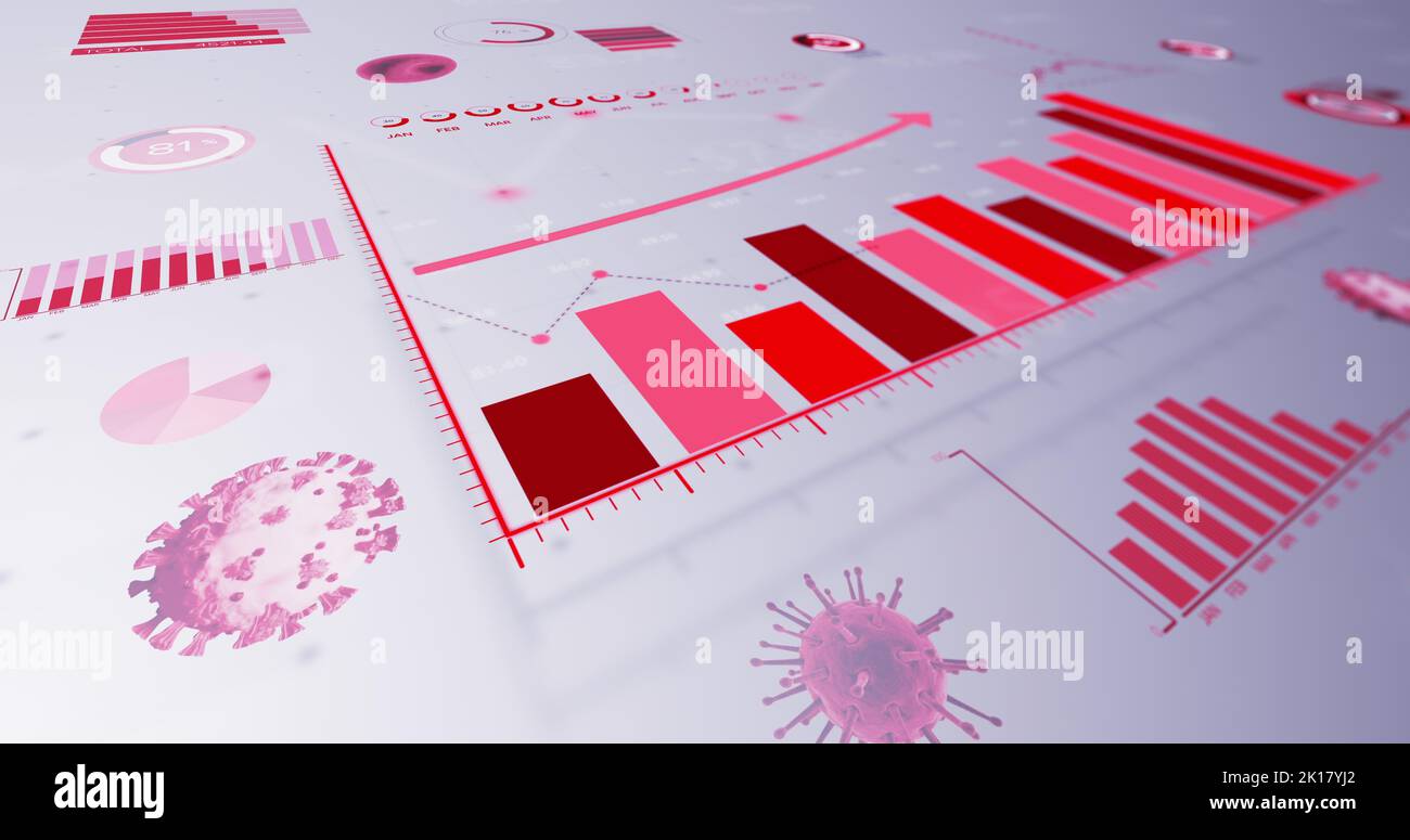 Image of coronavirus Covid 19 cells with red graph statistics recording ...