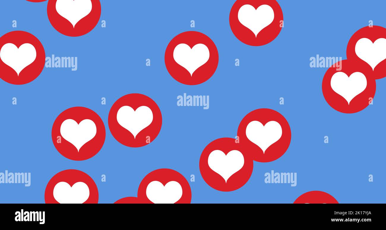 Image of multiple digital red heart love icons floating on blue ...