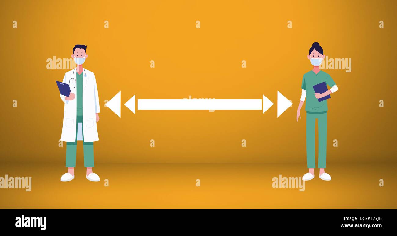 Image of pictogram of two doctors wearing masks with white arrow and ...