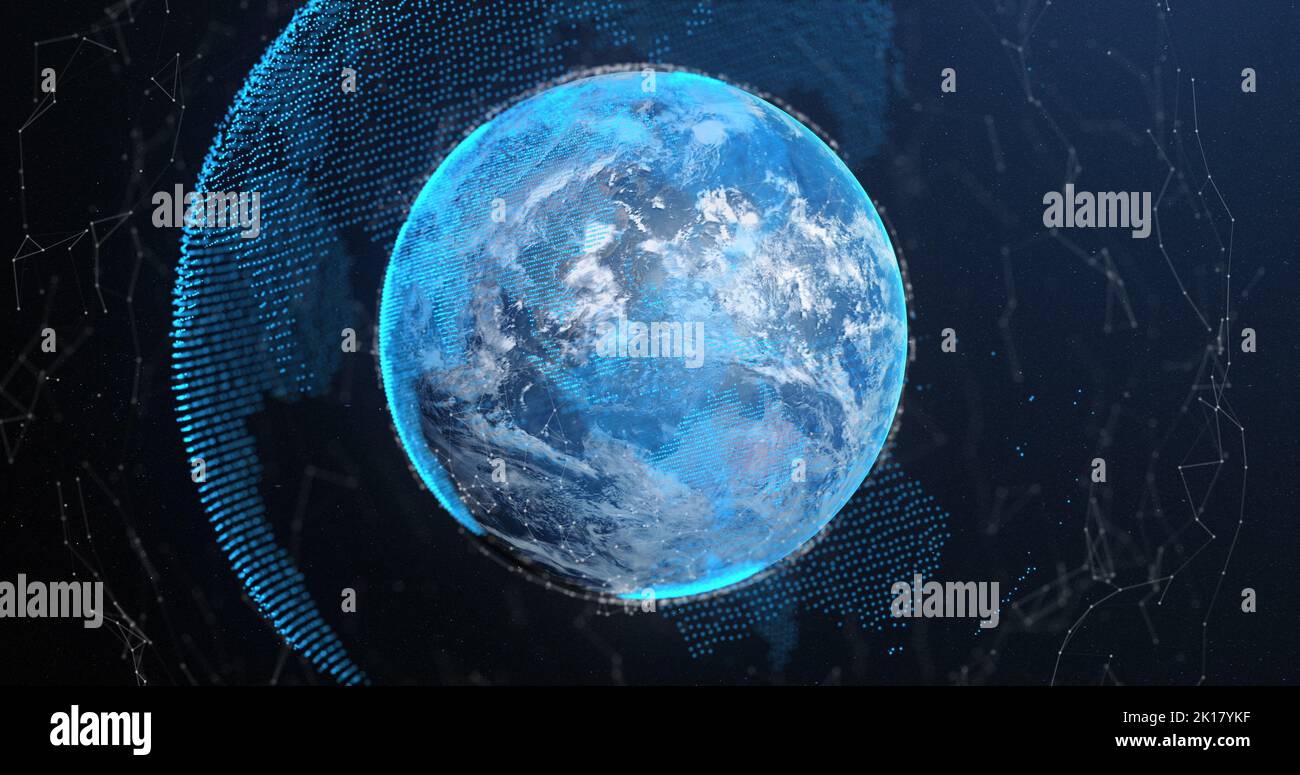 Image of blue glowing planet Earth with digital network of connections ...