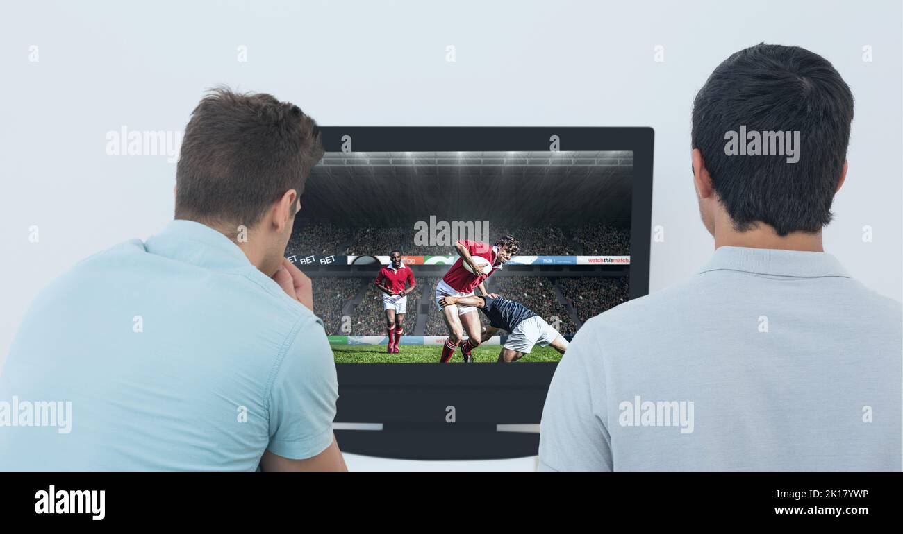 Composition of two male sports fans watching rugby match on tv. sport ...