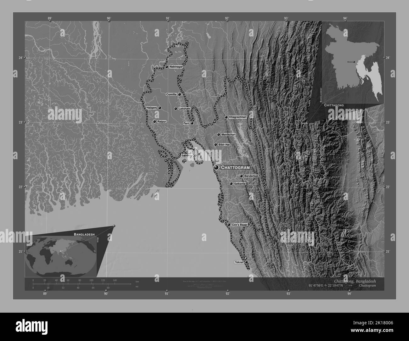 Chittagong, division of Bangladesh. Bilevel elevation map with lakes ...