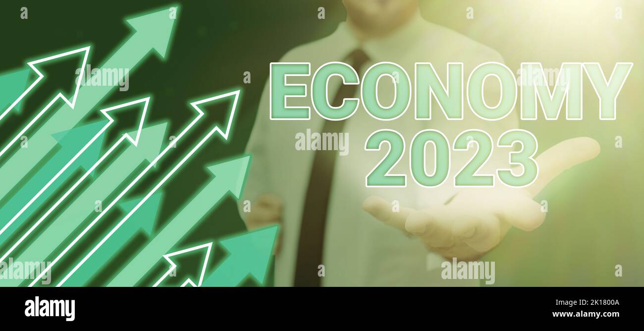 Text caption presenting Economy 2023. Business concept State of wealth ...