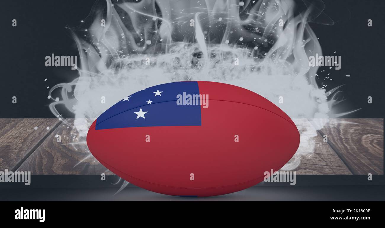Composition of rugby ball decorated with the flag of samoa on black ...