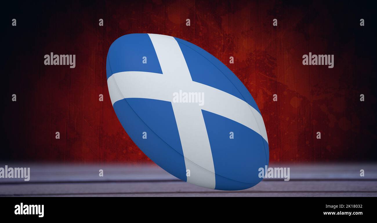 Composition of rugby ball decorated with the flag of scotland on black ...