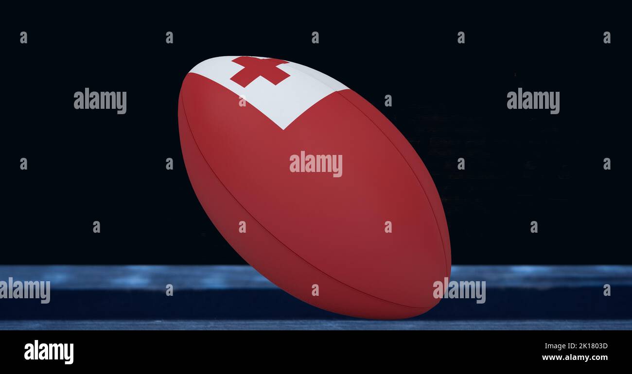 Composition of rugby ball decorated with the flag of tonga on black ...