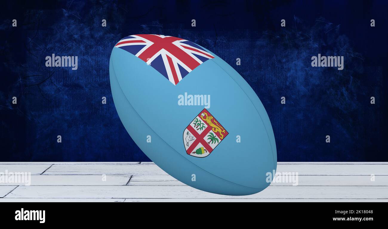 Composition of rugby ball decorated with the flag of fiji on black ...