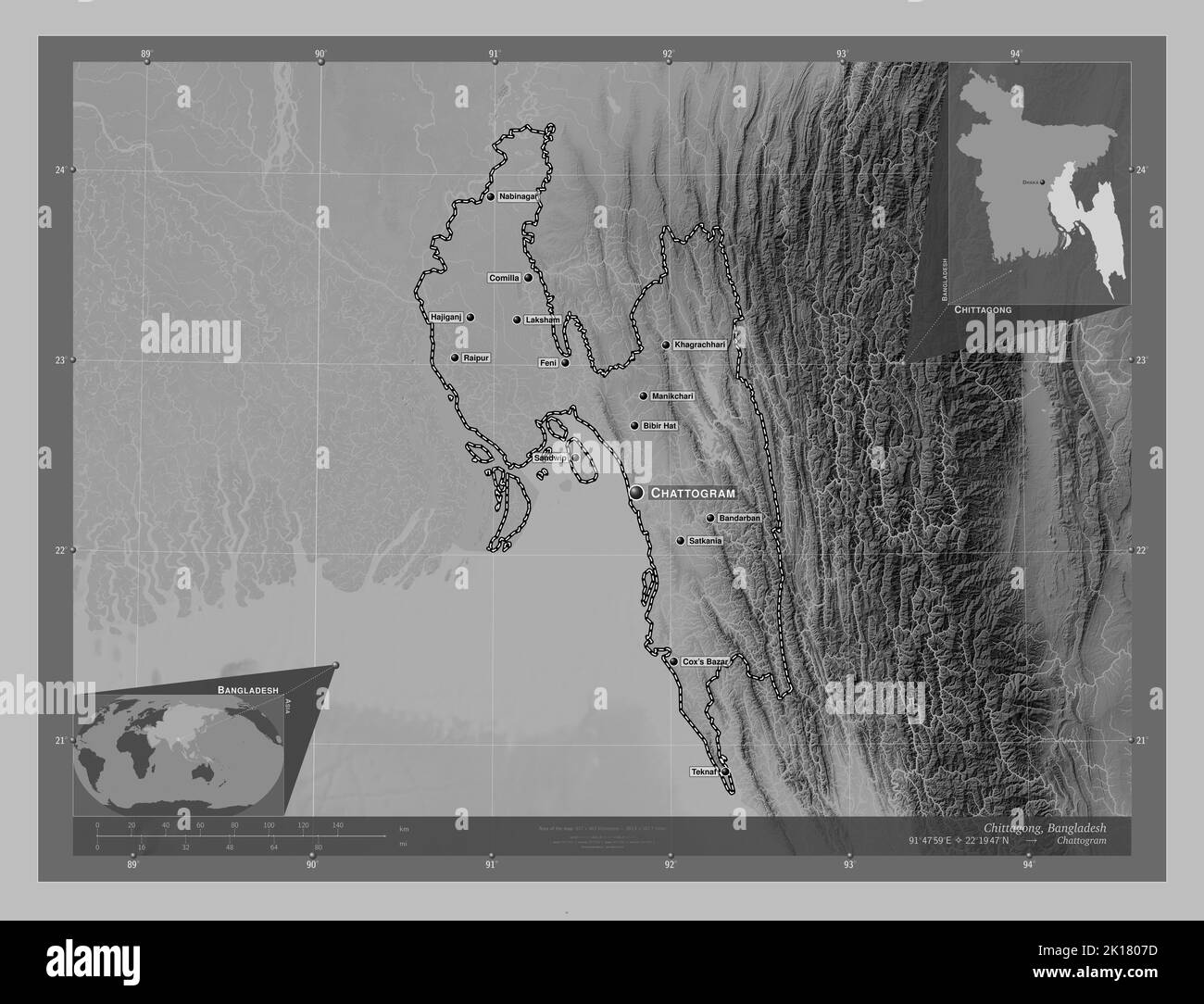 Chittagong, division of Bangladesh. Grayscale elevation map with lakes ...