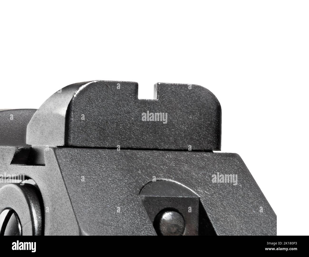 Notch at the back of a handgun for sighting isolated on a white ...