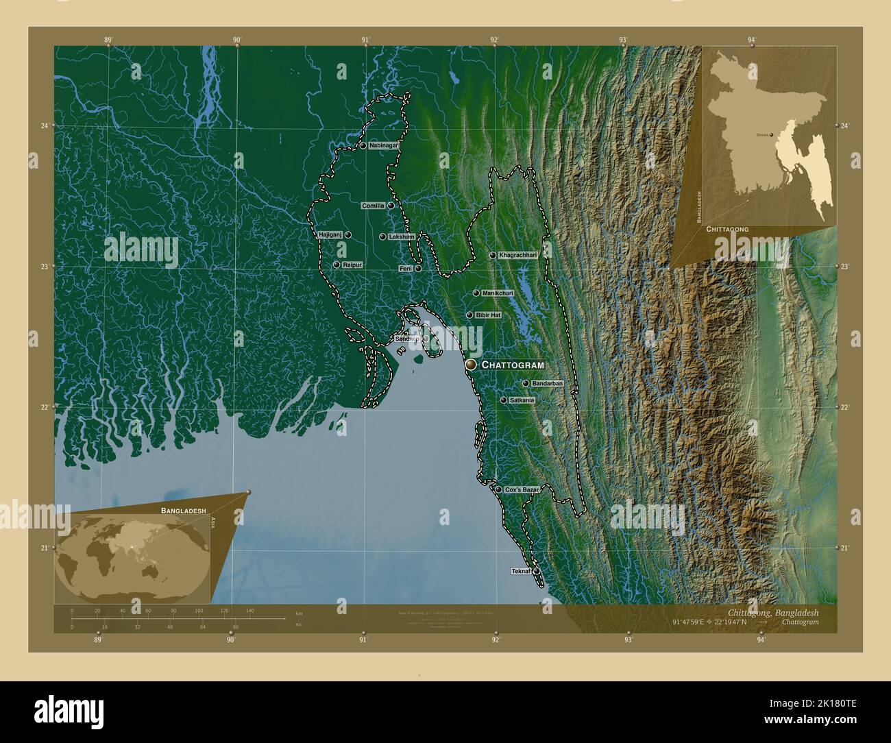 Chittagong, division of Bangladesh. Colored elevation map with lakes ...
