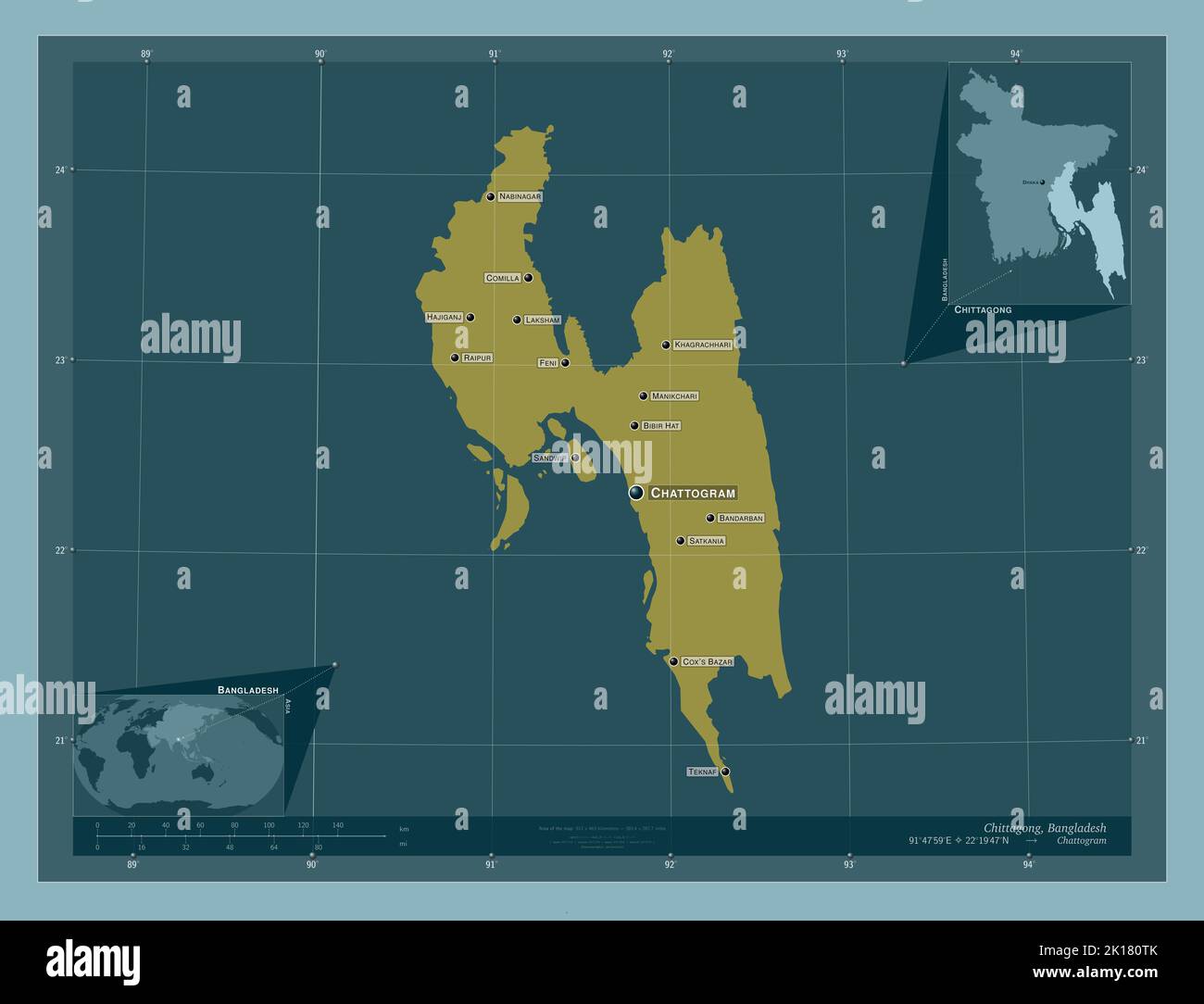 Chittagong, division of Bangladesh. Solid color shape. Locations and ...