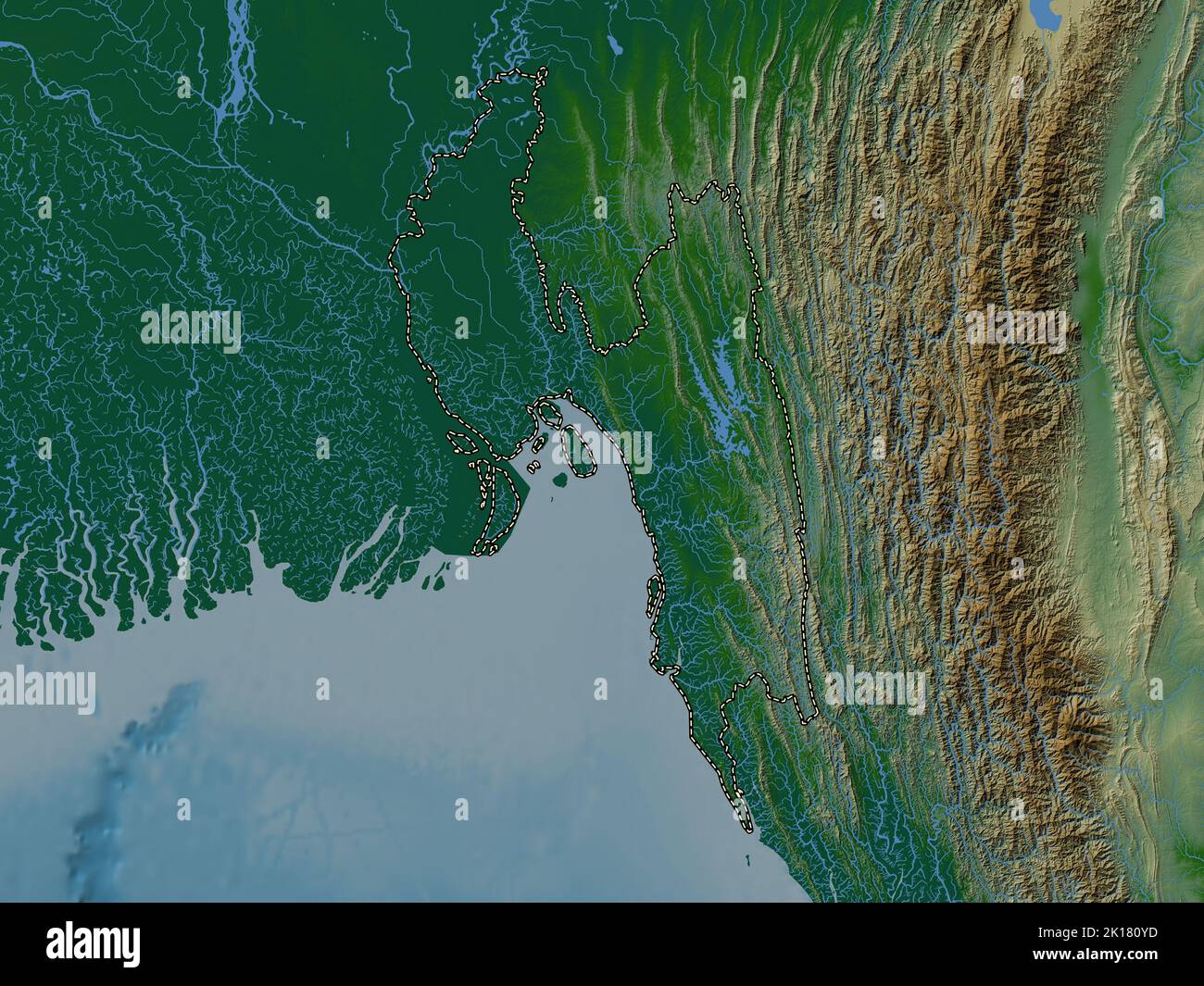 Chittagong, division of Bangladesh. Colored elevation map with lakes ...