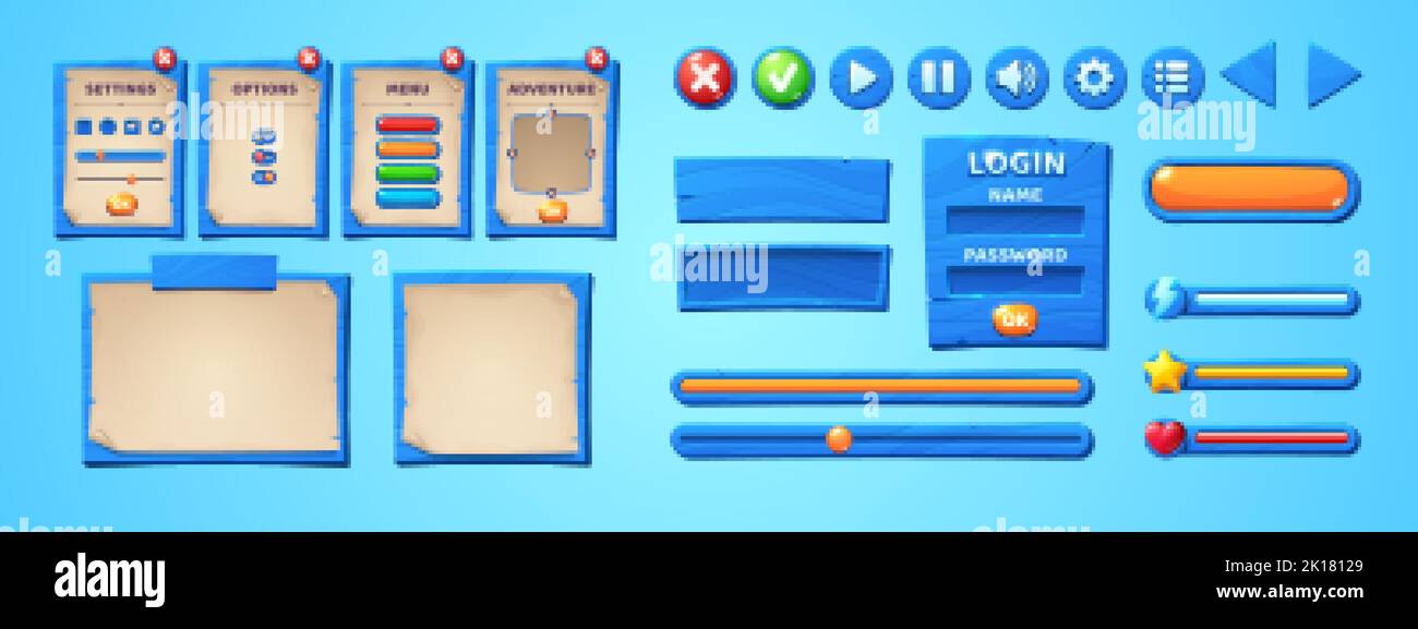 Game ui menu interface, scrolls and antique parchments on blue wooden ...